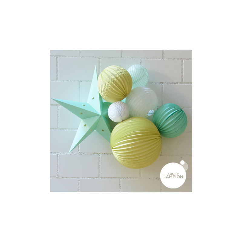 Mint and lemon paper lanterns for party and nursery decoration